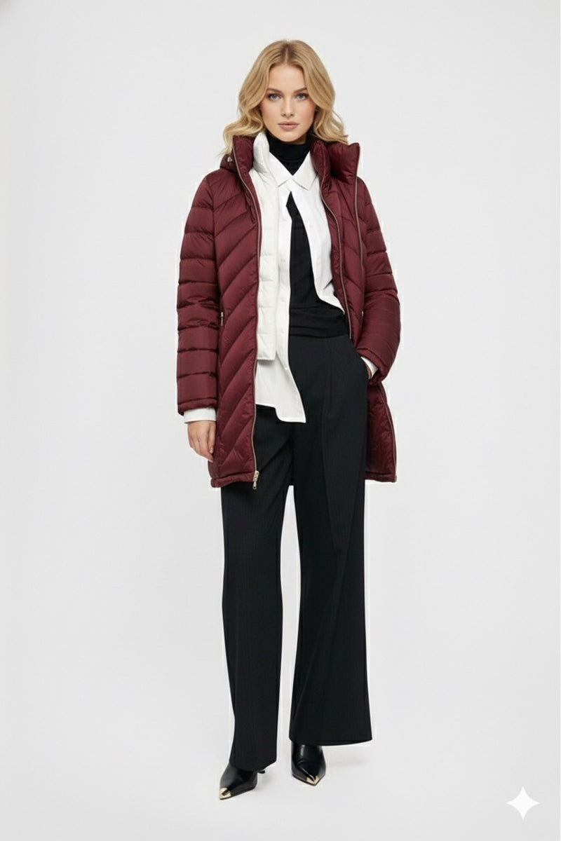 MK Women Long Line Removable Hood Maroon Puffer Jacket – Clothing Call ...